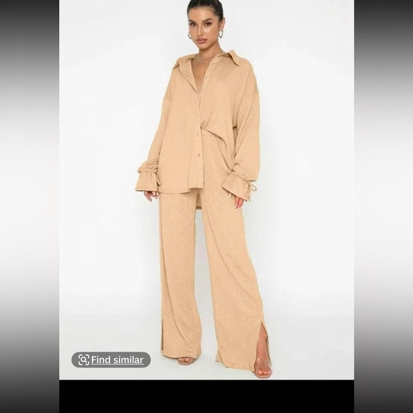 Pants & Jumpsuits | Tan 2 Piece Outfit With Tie Sleeves And Slit ...